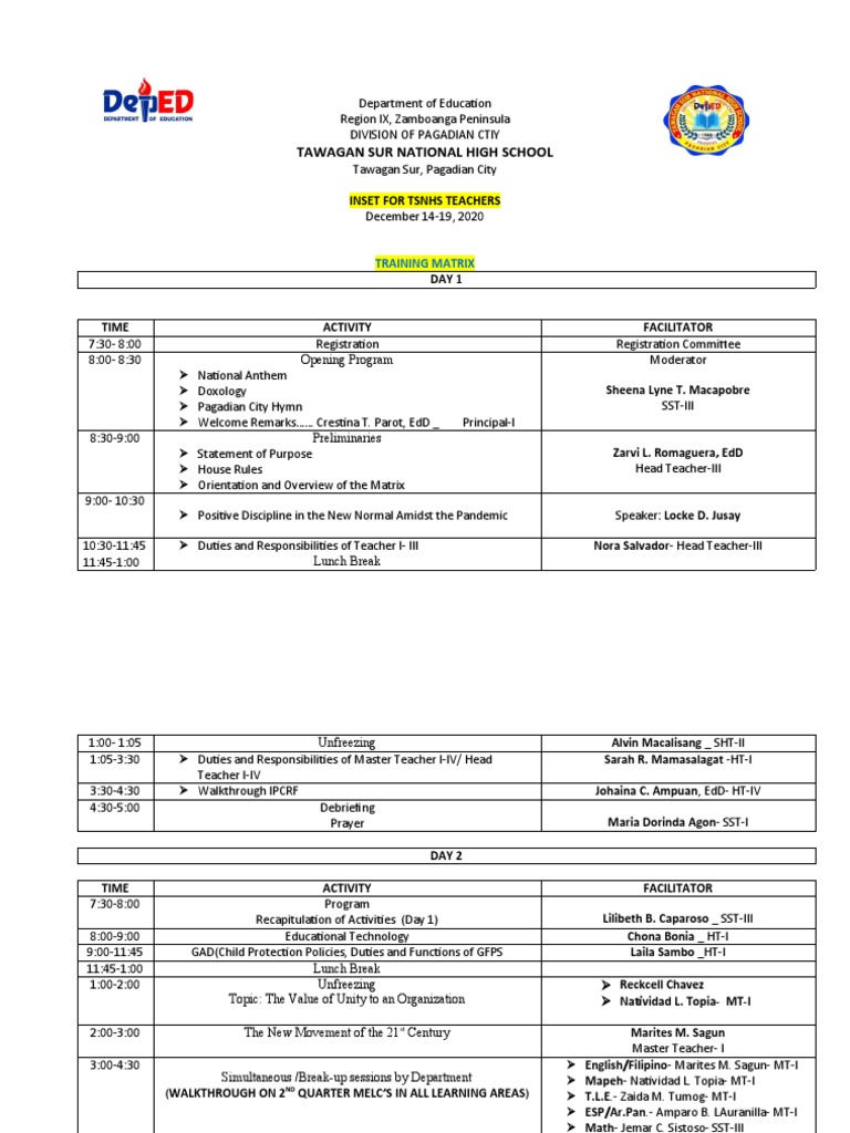 Tawagan Sur National High School: Inset For Tsnhs Teachers | PDF ...