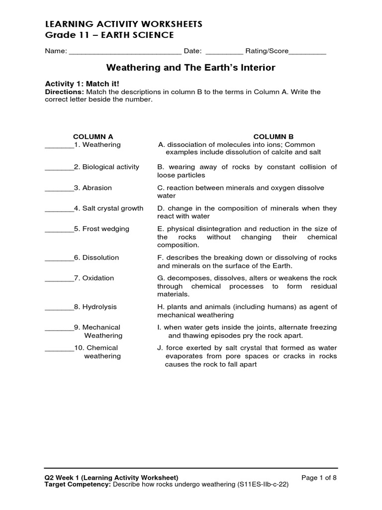 Grade 11 Earth Science: Weathering Activities | PDF | Magma | Weathering