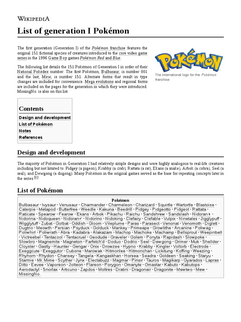List of Generation I Pokémon | PDF | Pokémon | Nintendo Franchises