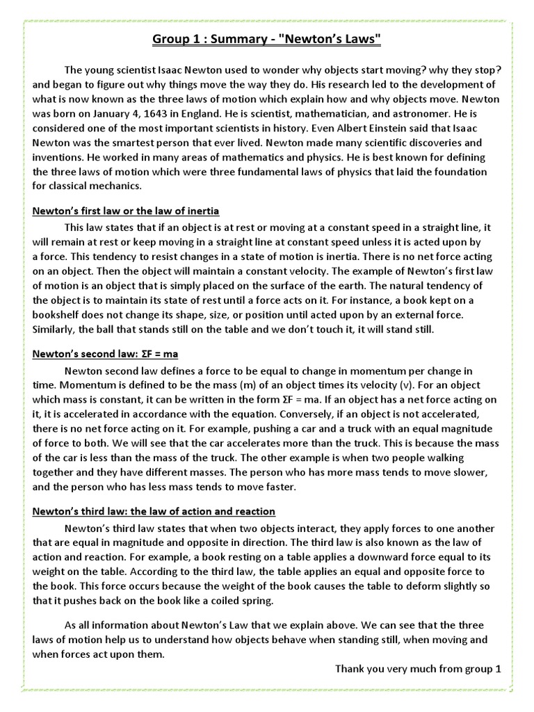 Summary G1 Newton's Laws | PDF | Newton's Laws Of Motion | Force