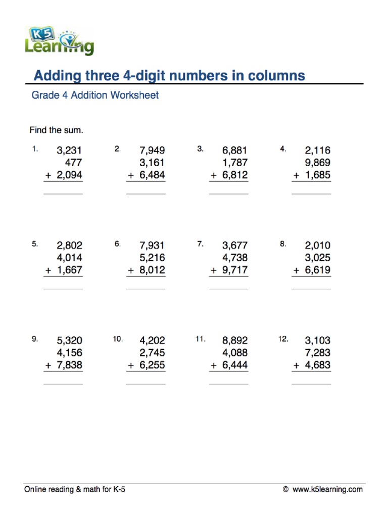 Grade 4 Addition Worksheet | PDF