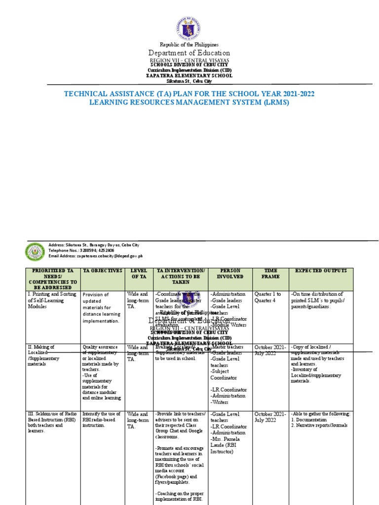 Technical Assistance Plan | PDF | Pedagogy | Cognition