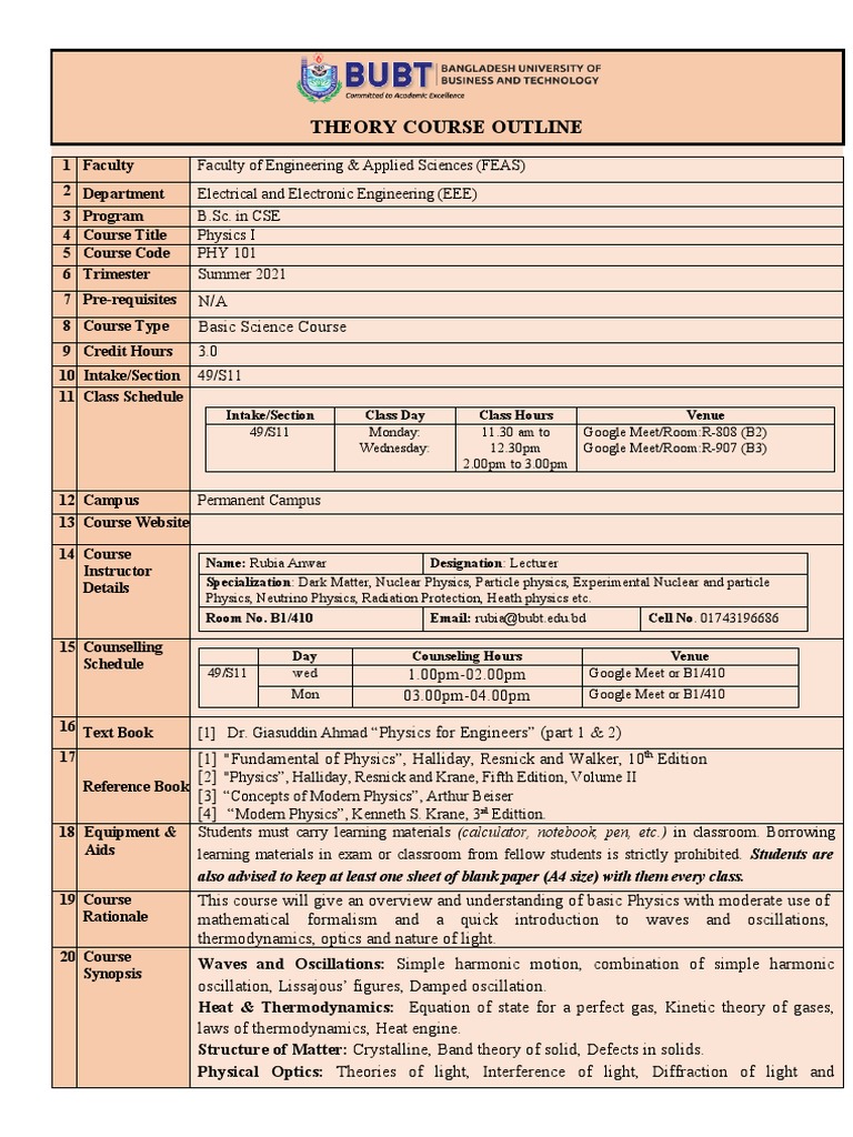 49 - CSE - OBE - Course - Outline - PHY 101 - RBA | PDF | Temperature ...
