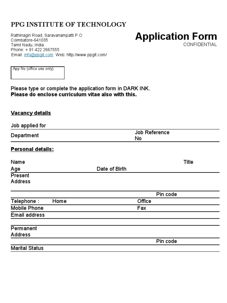 Application Form: PPG Institute of Technology | PDF | Résumé | Employment