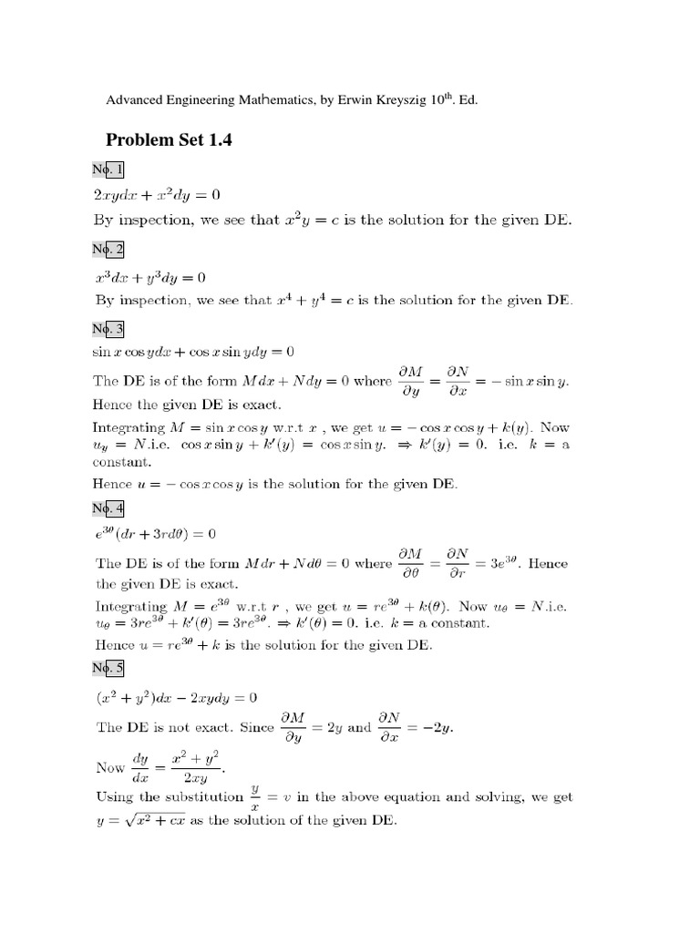 Problem Set 1.4: Advanced Engineering Mathematics, by Erwin Kreyszig 10 - Ed | PDF | Teaching ...