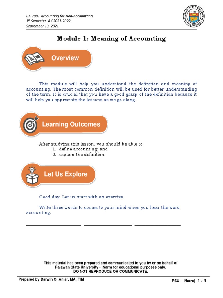 Module 1: Meaning of Accounting: BA 2001 Accounting For Non-Accountants ...