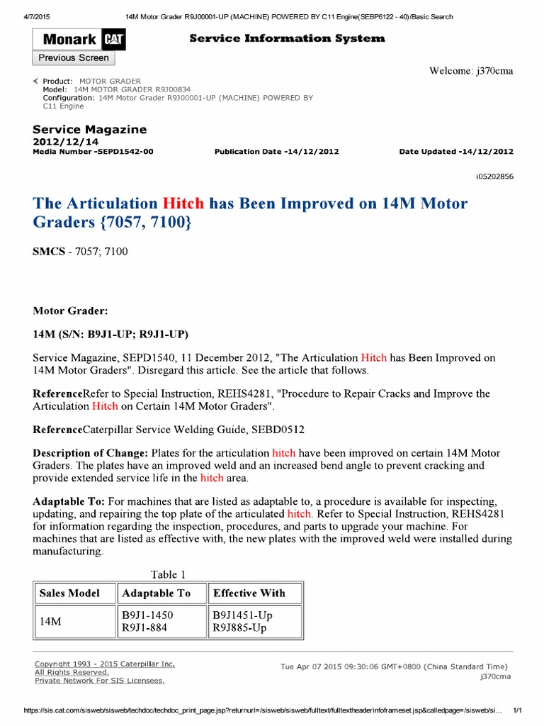 The Articulation Hitch Has Been Improved On 14M Motor Graders | PDF
