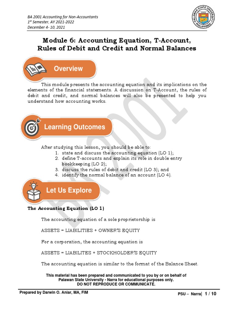 Module 6: Accounting Equation, T-Account, Rules of Debit and Credit and ...