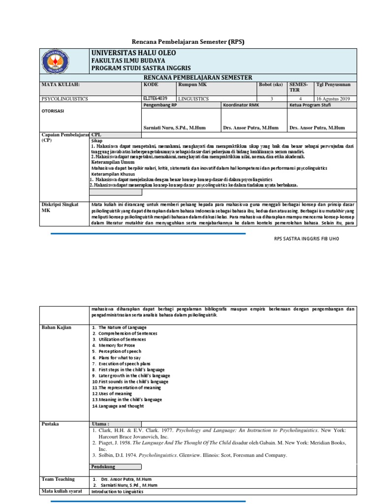 RPS Mata Kuliah Psycolinguistics | PDF