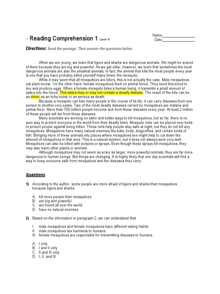 Reading Comprehension 1 | PDF | Mosquito