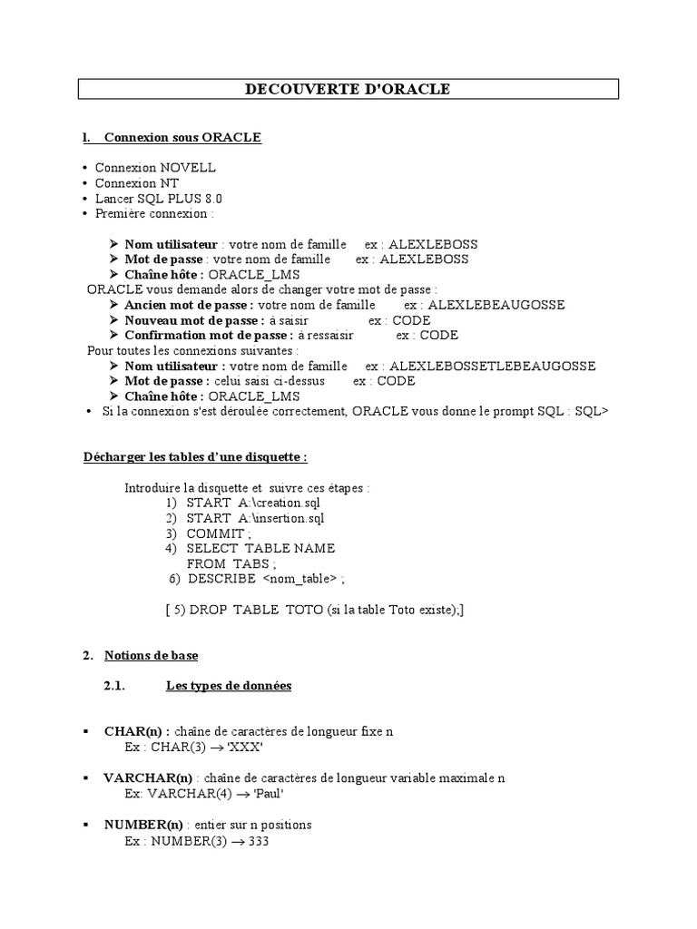 Guide de Connexion et SQL Oracle | PDF | Fichier informatique ...