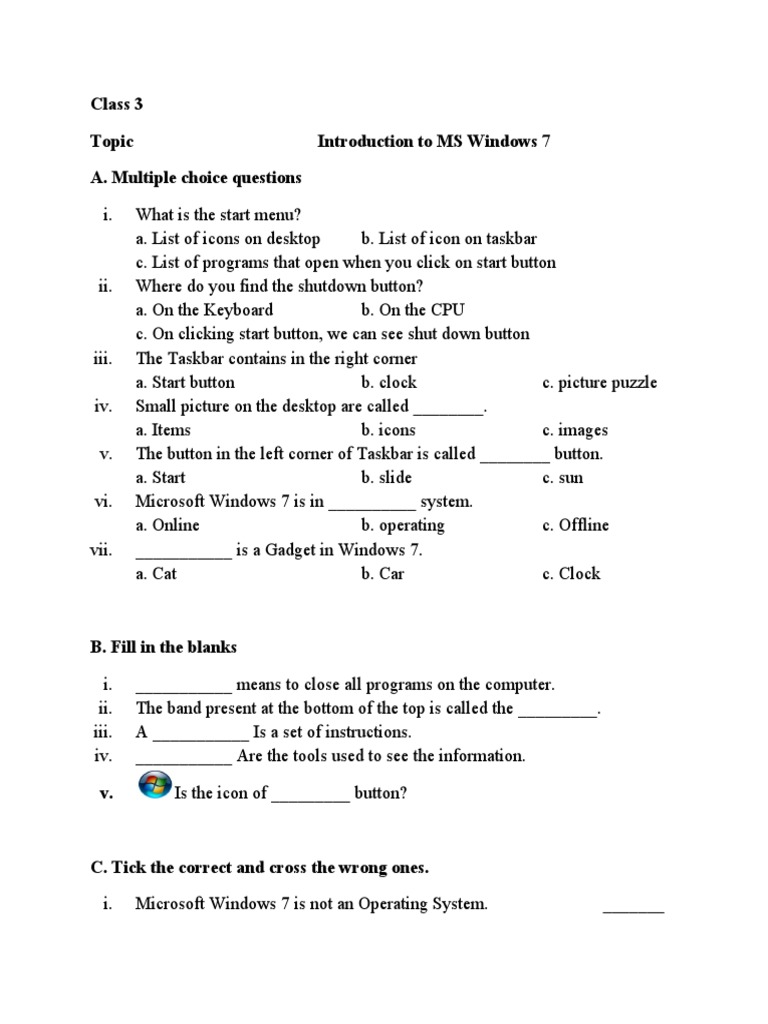 Class 3 Topic Introduction To Ms Windows 7 A. Multiple Choice Questions ...