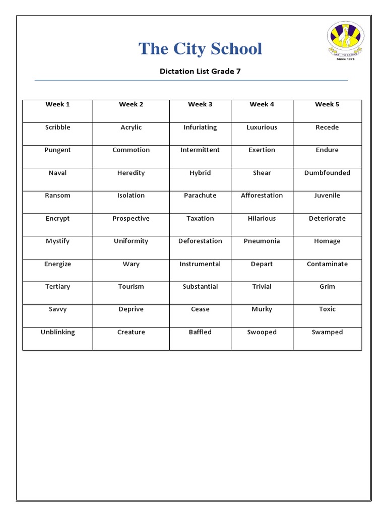 The City School: Dictation List Grade 7 | PDF