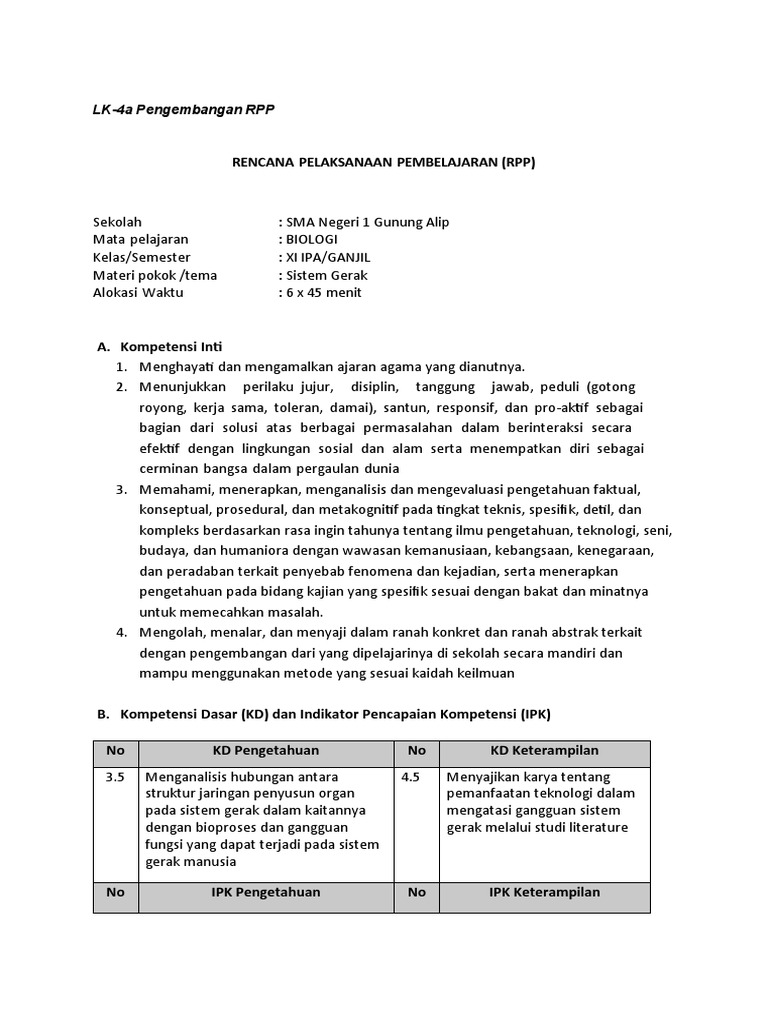 LK RPP Sistem Gerak - MEILY | PDF