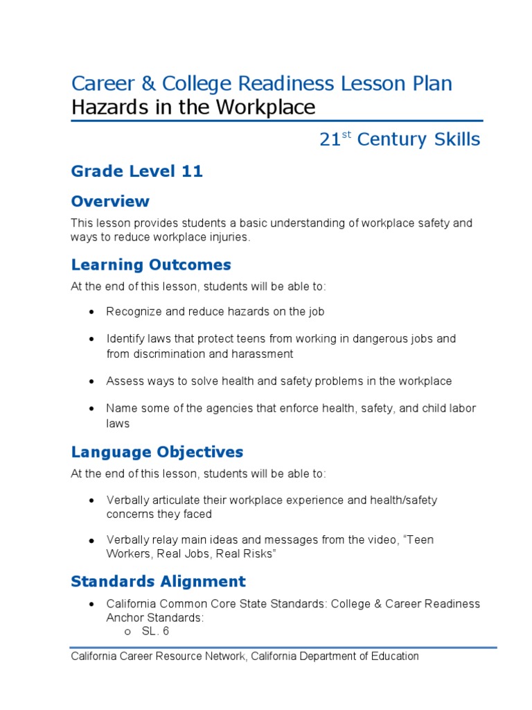 Hazards in The Workplace: Career & College Readiness Lesson Plan | PDF ...