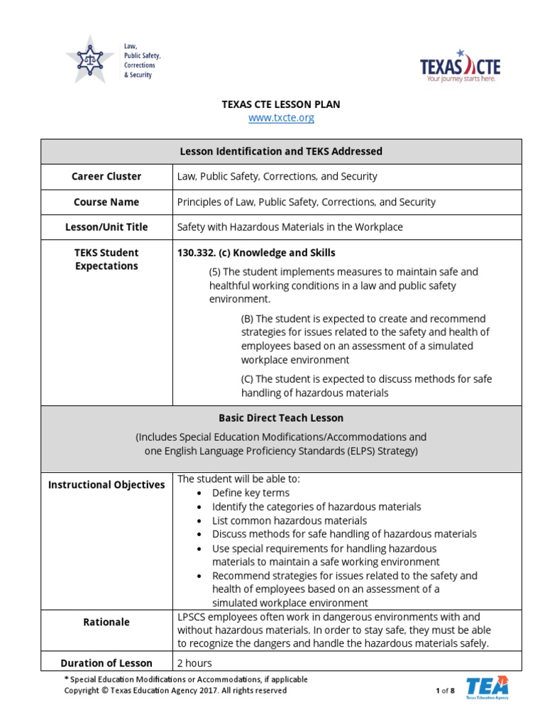 Lesson Plan Safety With Hazardous Materials in The Workplace - 0 | PDF ...