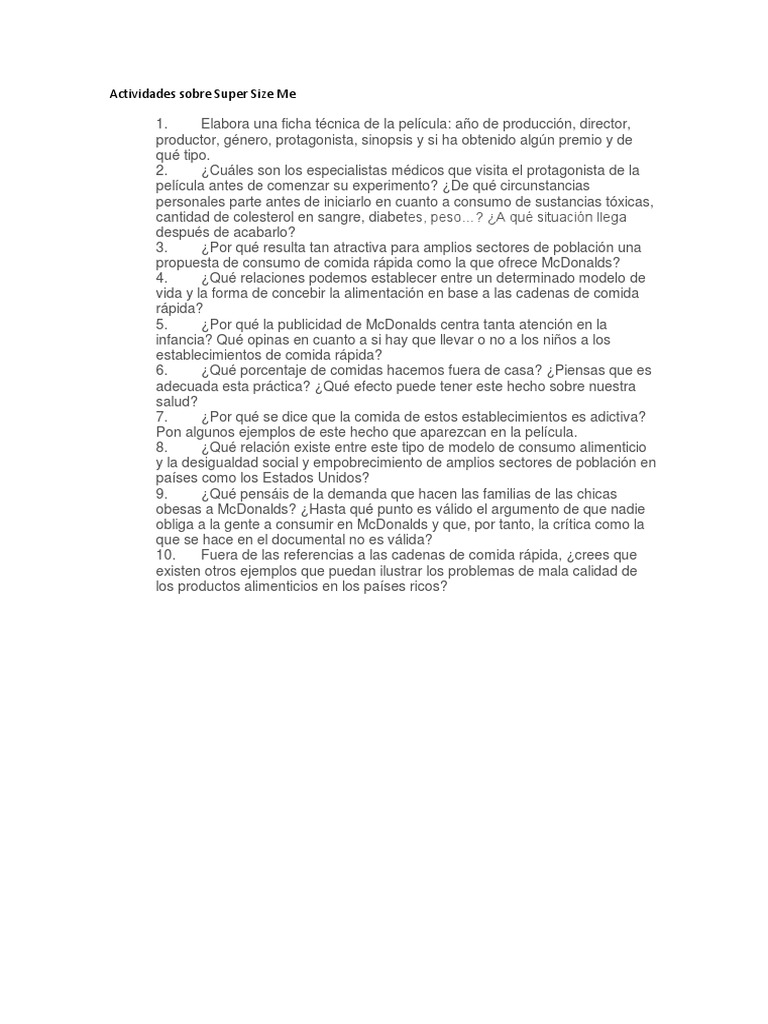 Actividades Sobre Super Size Me | PDF | Estilo de vida