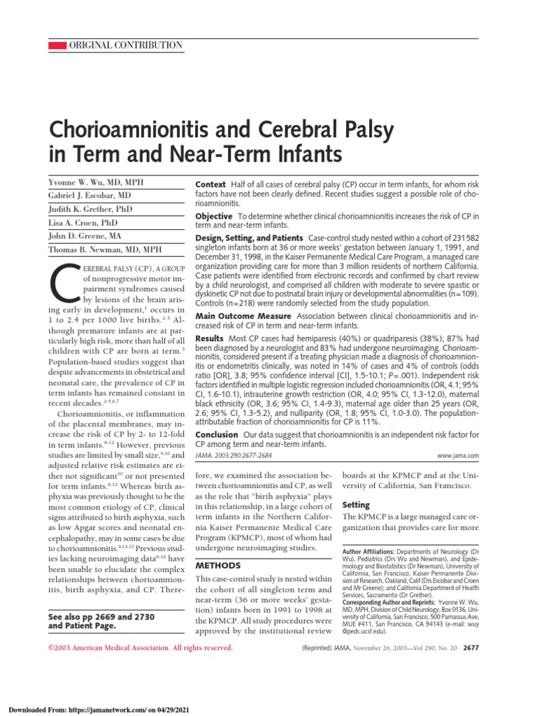 Chorioamnionitis and CP in Term and Near-Term Infants | PDF