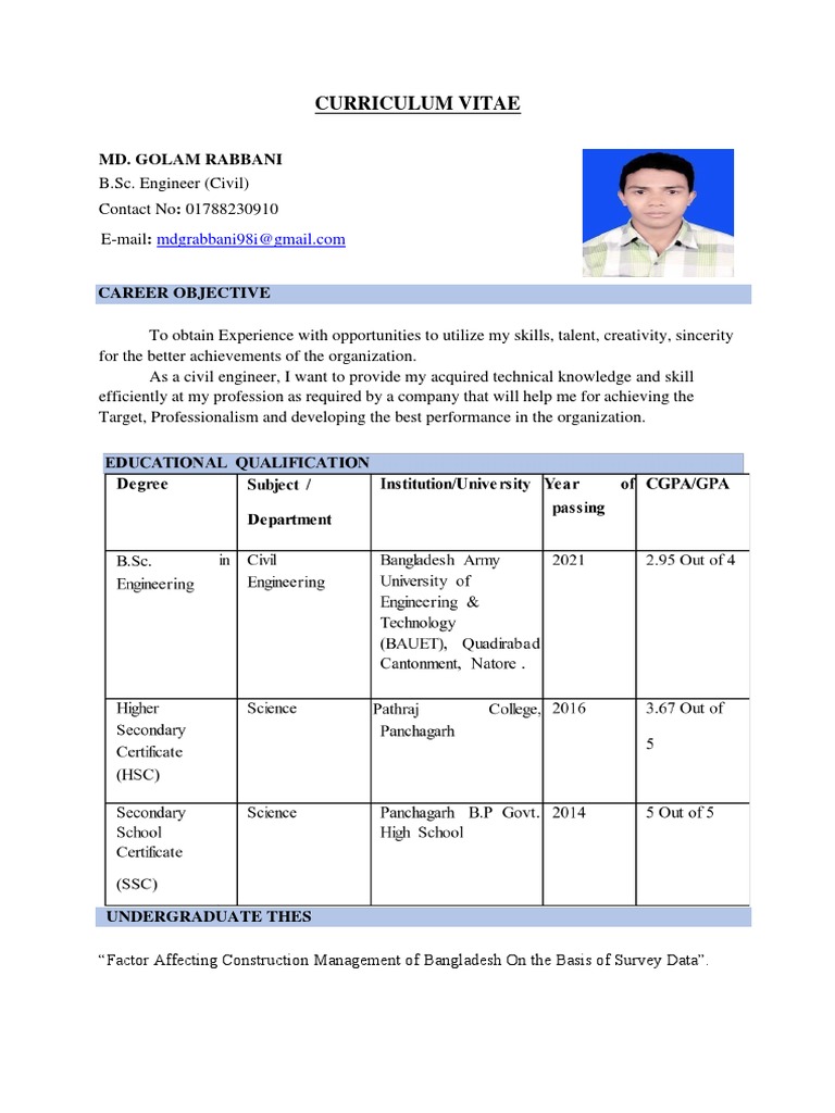 CV of Md. Golam Rabbani B.SC (Civil) | PDF | Bangladesh