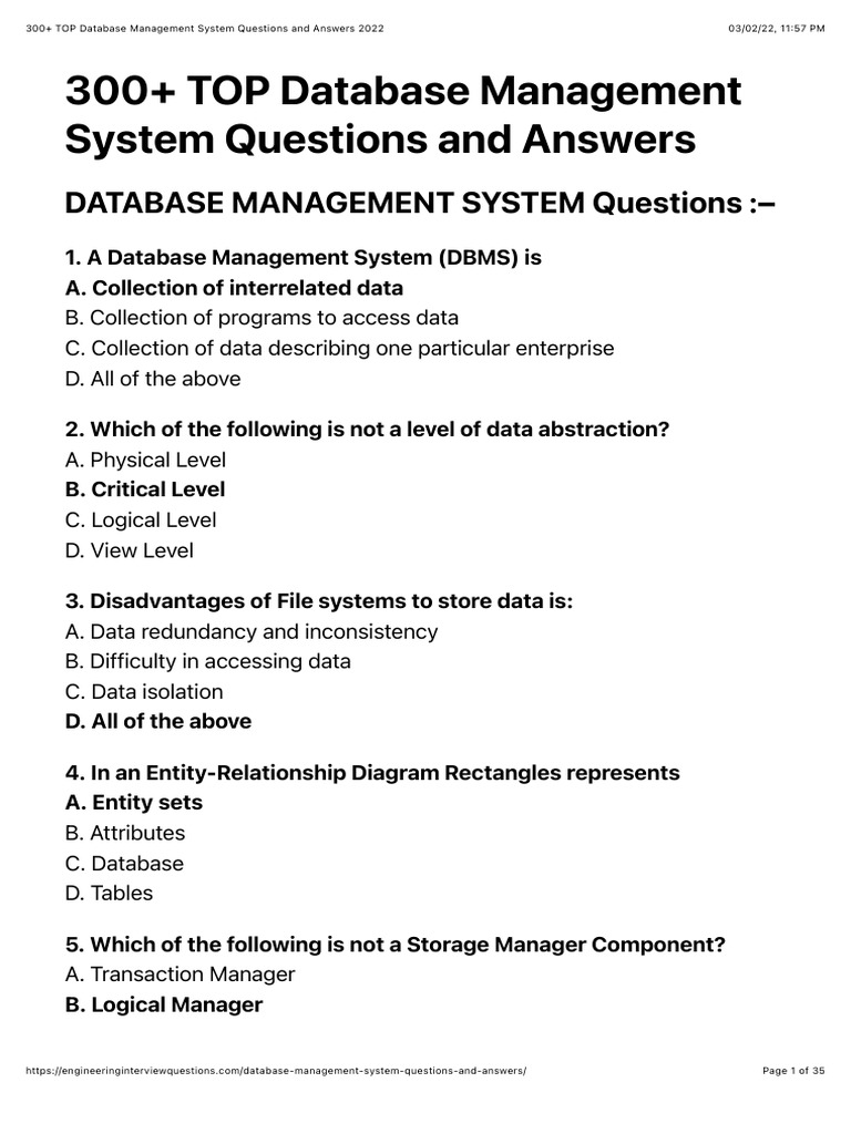 300+ TOP Database Management System Questions and Answers 2022 | PDF ...