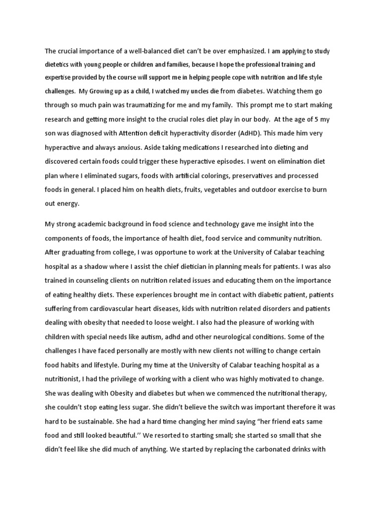 M.SC Dietetics Personal Statement | PDF | Foods | Malnutrition