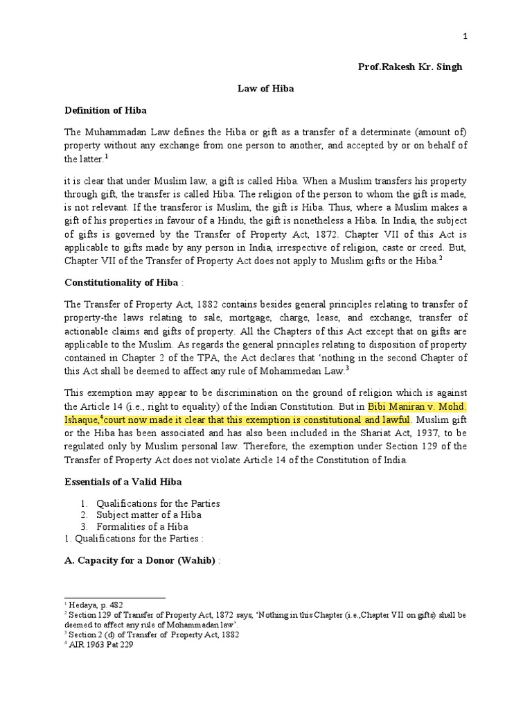 Prof - Rakesh Kr. Singh Law of Hiba Definition of Hiba | PDF | Property ...