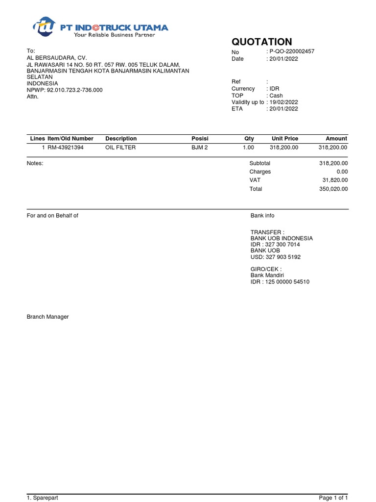 Quotation: Lines Item/Old Number Description Posisi Qty Unit Price ...