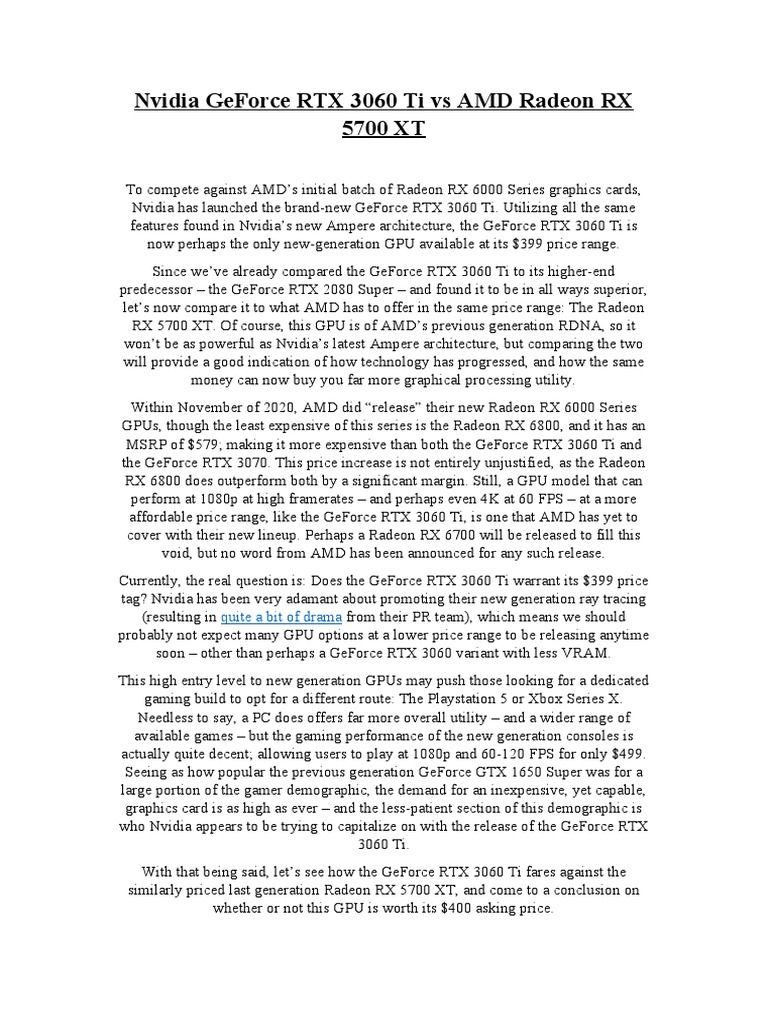 Nvidia GeForce RTX 3060 Ti Vs Radeon RX 5700 XT (2015) | PDF | Graphics Processing Unit ...