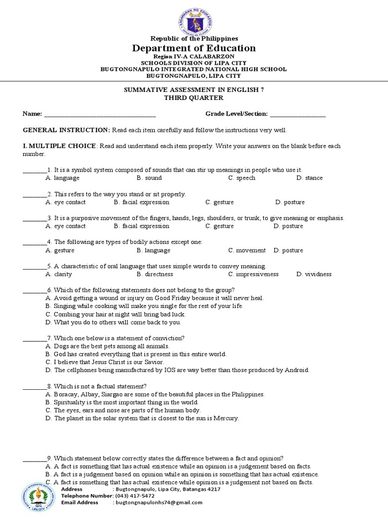 Quarterly Assessment in English (3rd Quarter) | PDF | Gesture | Multimedia
