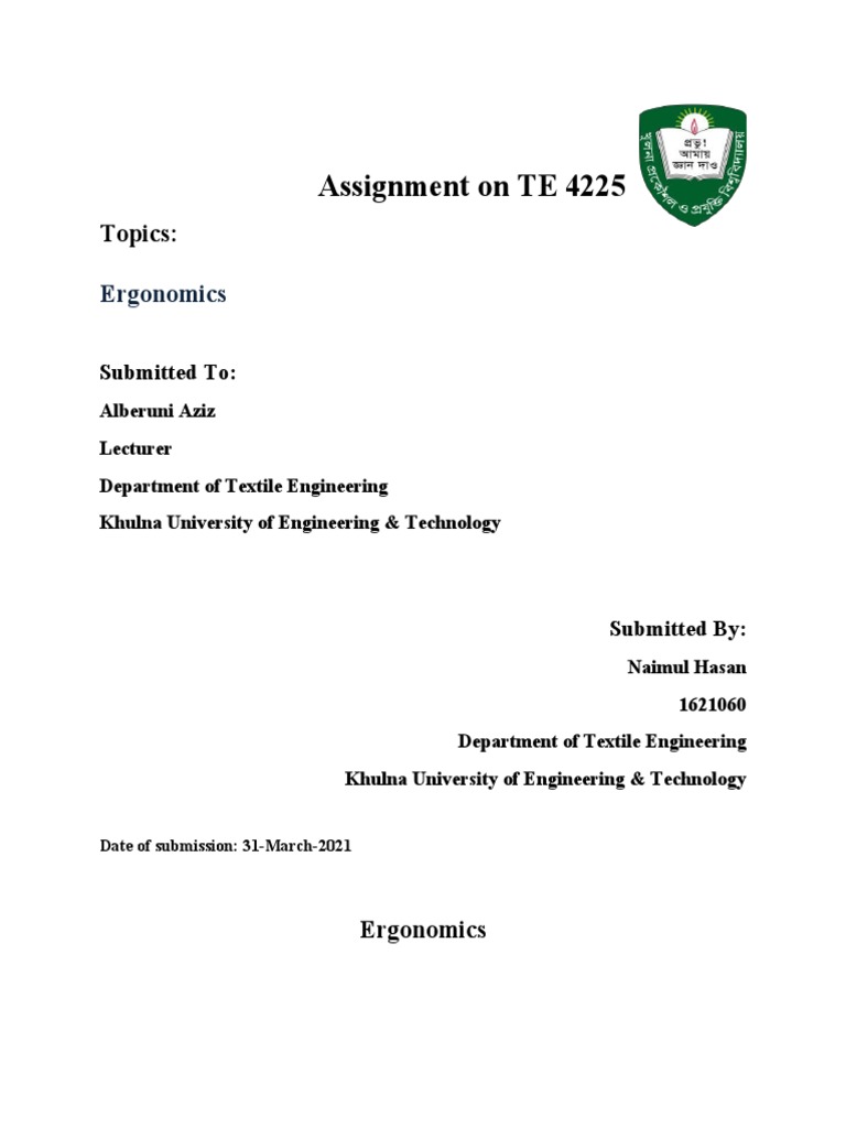 Assignment On TE 4225: Topics | PDF | Human Factors And Ergonomics
