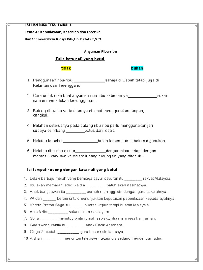 Latihan Kata Nafi Tahun 4 | PDF
