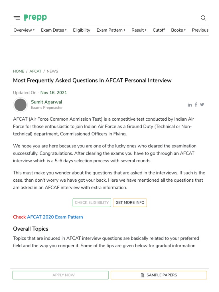 Most Frequently Asked Questions in AFCAT Personal Interview | PDF ...