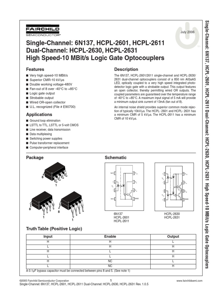 Single-Channel: 6N137, Hcpl-2601, Hcpl-2611 Dual-Channel: Hcpl-2630, Hcpl-2631 High Speed-10 ...