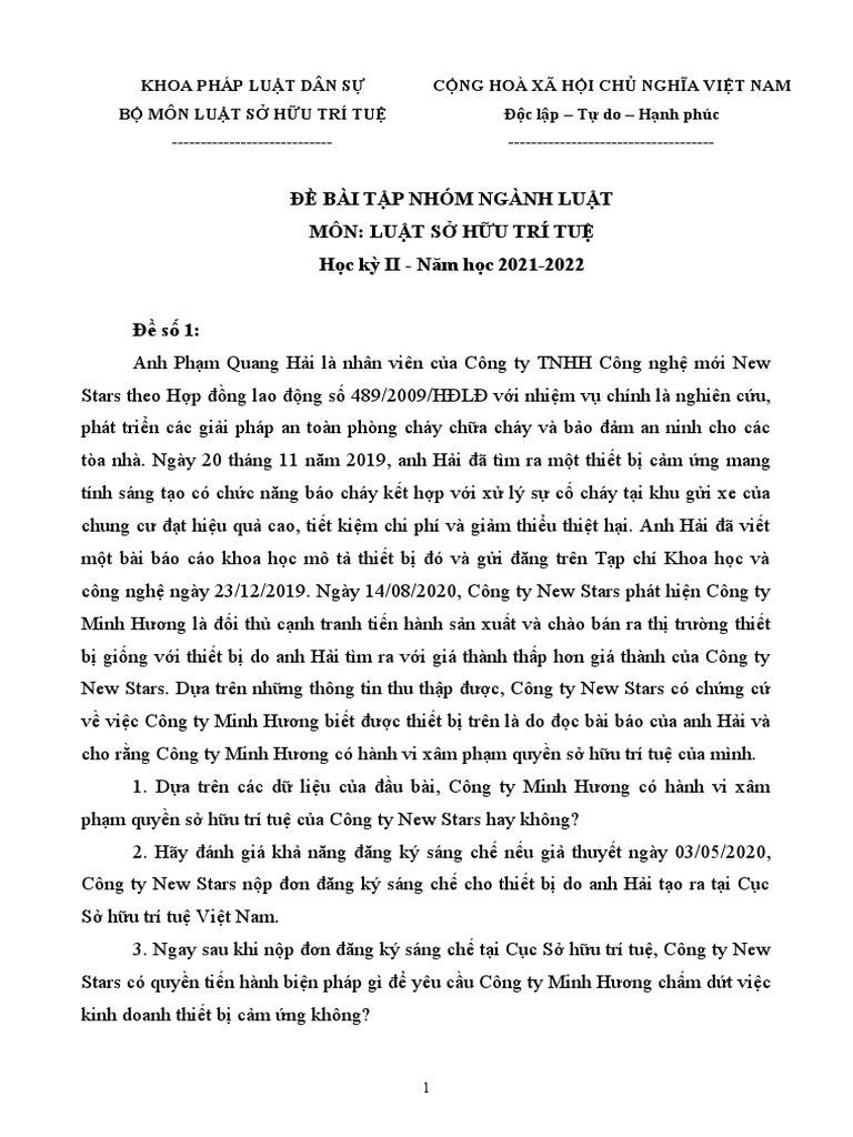 Đề BT nhóm SHTT kỳ 2 2021 2022 Ngành Luật | PDF
