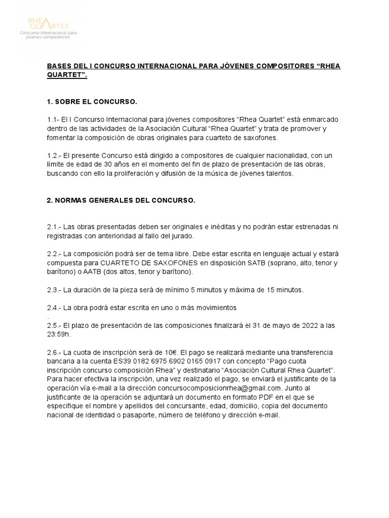 BASES I Concurso Internacional para Jóvenes Compositores Rhea Quartet | PDF | Cuarteto ...