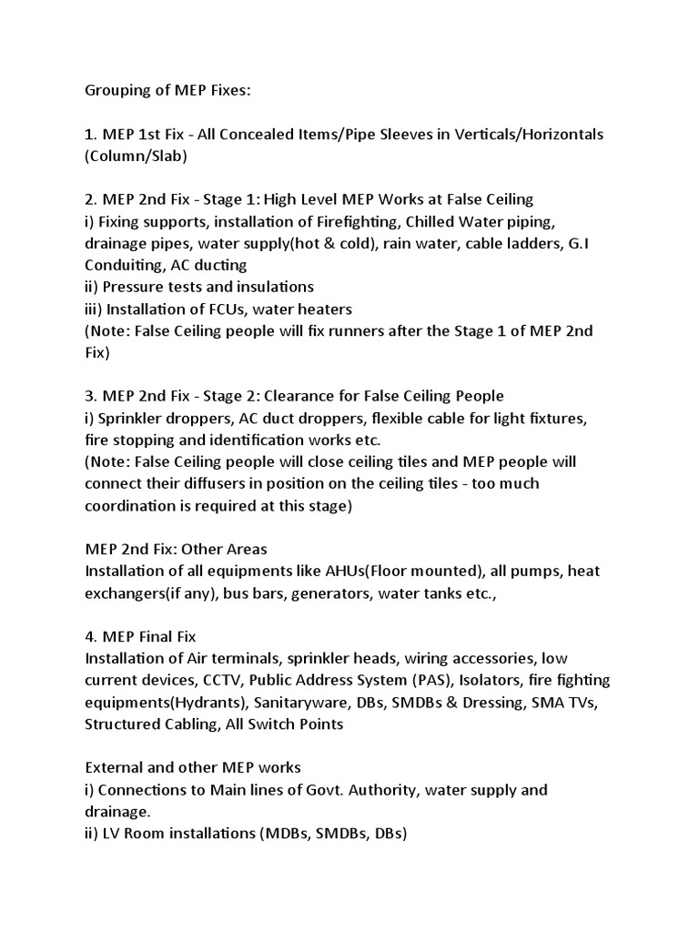 MEP Grouping: 1st, 2nd & Final Fix Works | PDF | Building Materials ...