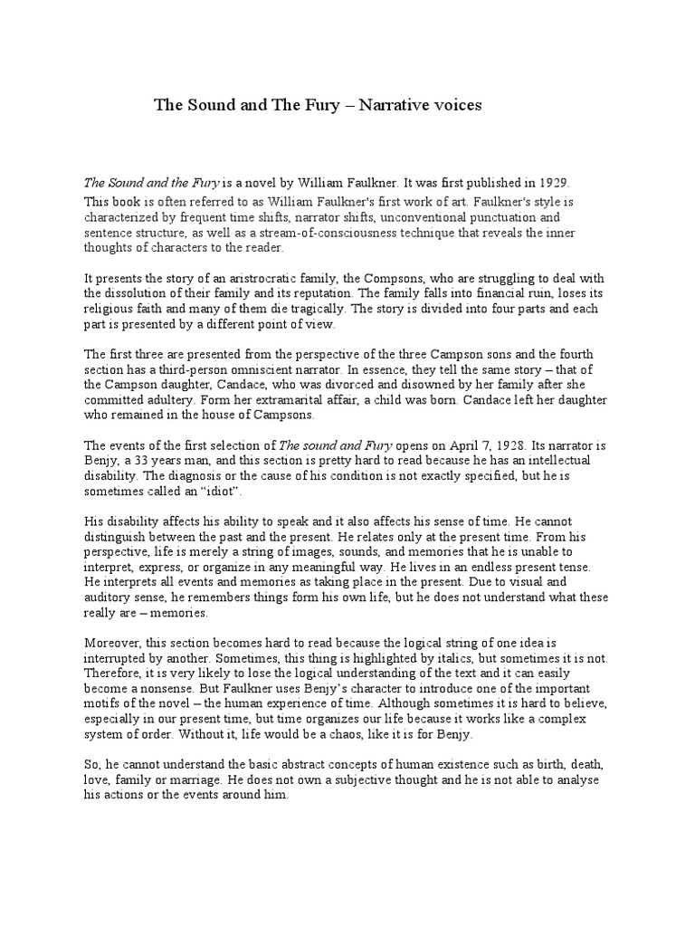 The Sound and The Fury - Essay | PDF | Narration