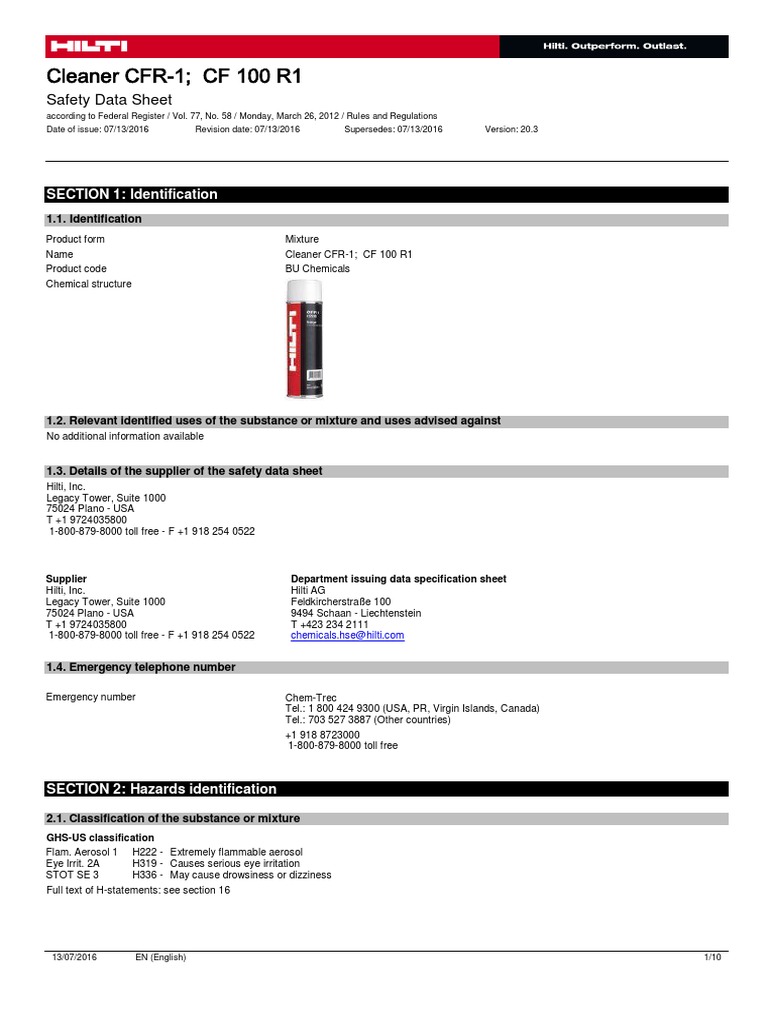 Cleaner CFR-1 CF 100 R1: Safety Data Sheet | PDF | Dangerous Goods ...