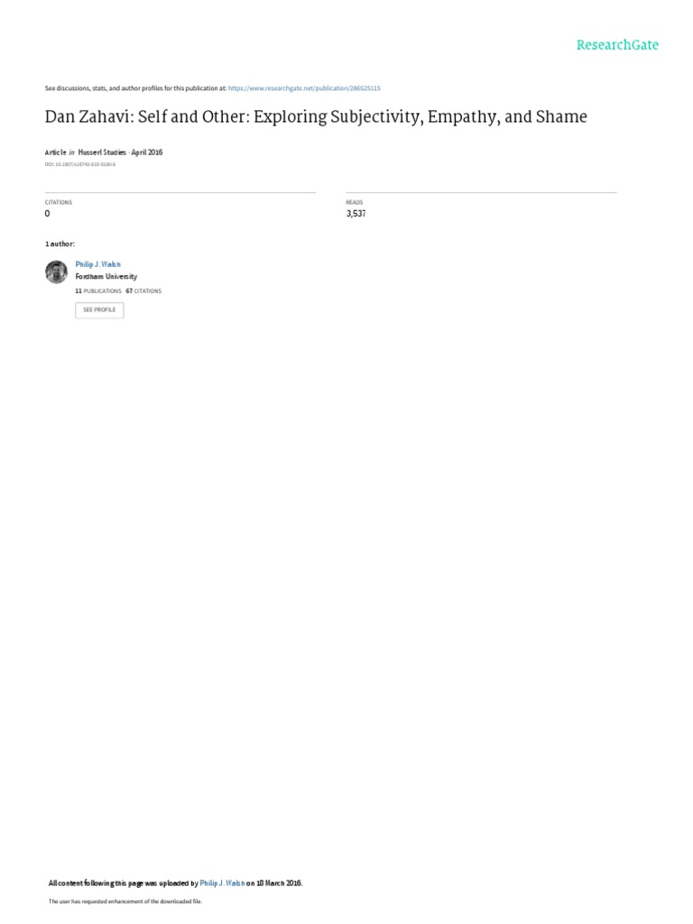 Dan Zahavi: Self and Other: Exploring Subjectivity, Empathy, and Shame ...