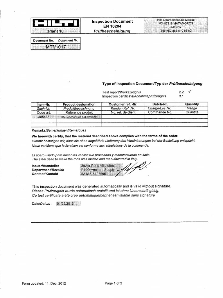 Hilti Certificate 22 385438 58 HAS Rod 3 4 X 21 Inspection Document ...