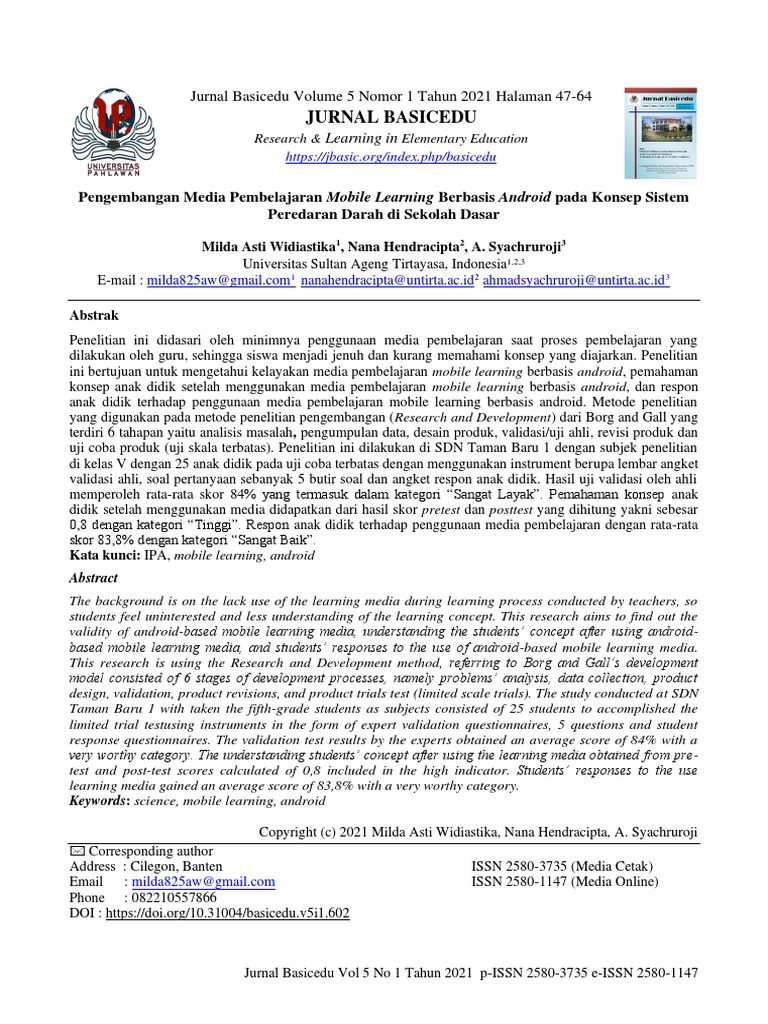 JURNAL Pengembangan Media Pembelajaran Mobile Learning Berbasis Android | PDF | Komputer