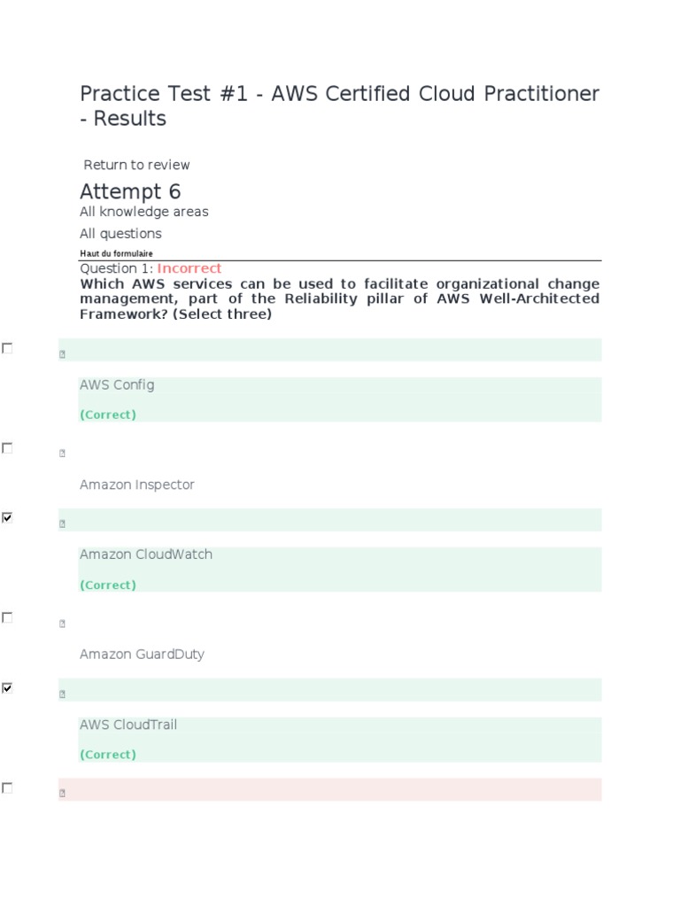 Practice Test #1 - AWS Certified Cloud Practitioner - Results Attempt 6 ...
