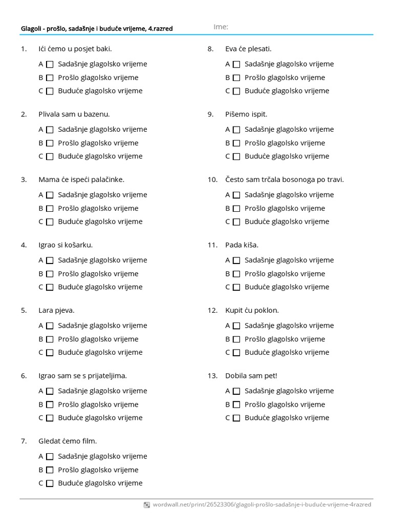 Glagoli Proslo Sadasnje I Buduce Vrijeme 4razred Kviz | PDF
