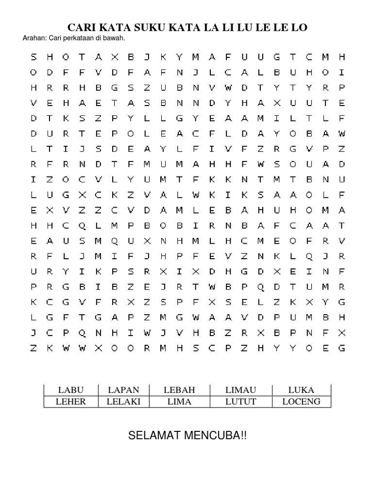 Cari Kata Suku Kata La Li Lu Le Le Lo | PDF