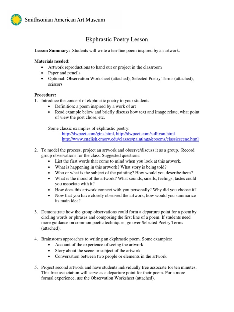Ekphrastic Poetry Lesson: Lesson Summary: Students Will Write A Ten ...