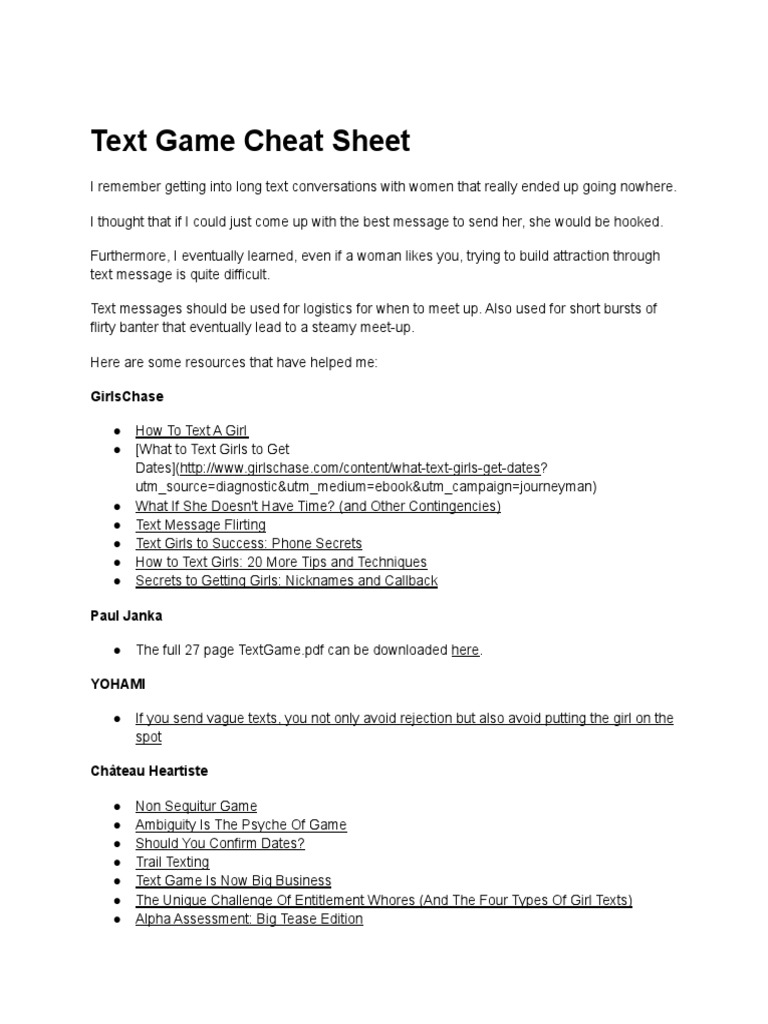 Text Game Cheat Sheet | PDF