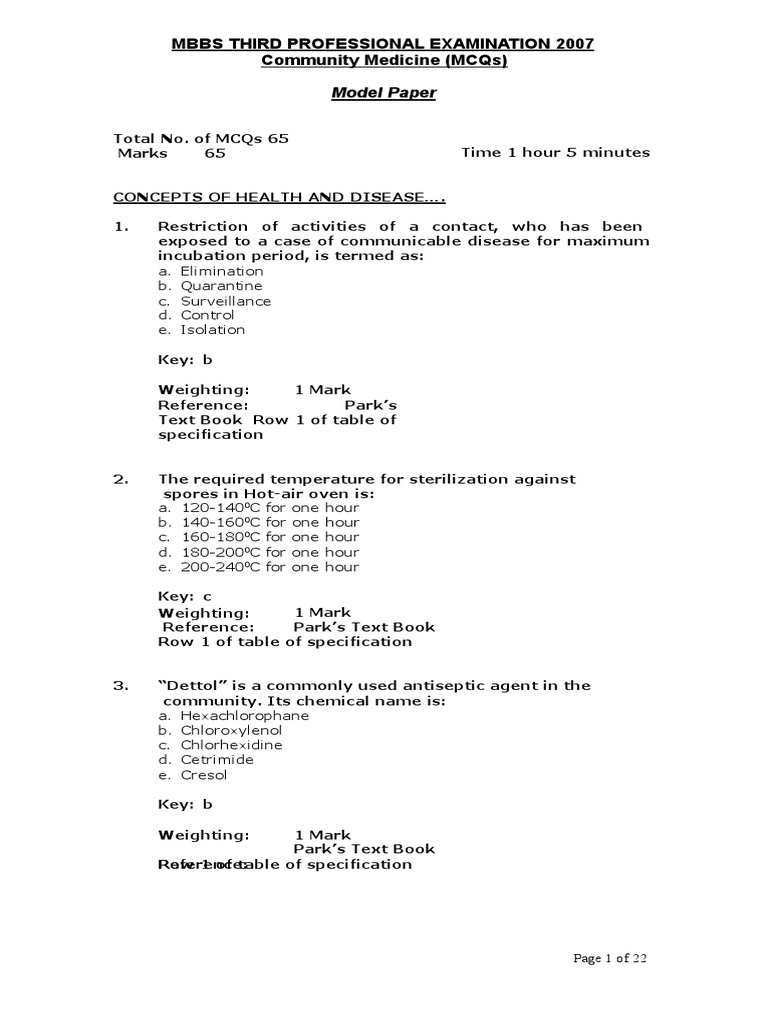 Mbbs Third Professional Examination 2007 Community Medicine (MCQS ...