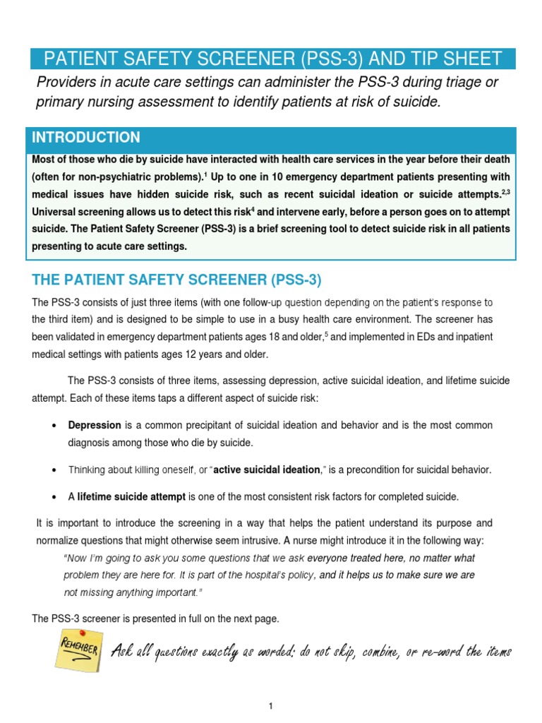 Patient Safety Screener (PSS-3) and Tip Sheet | PDF | Suicide ...