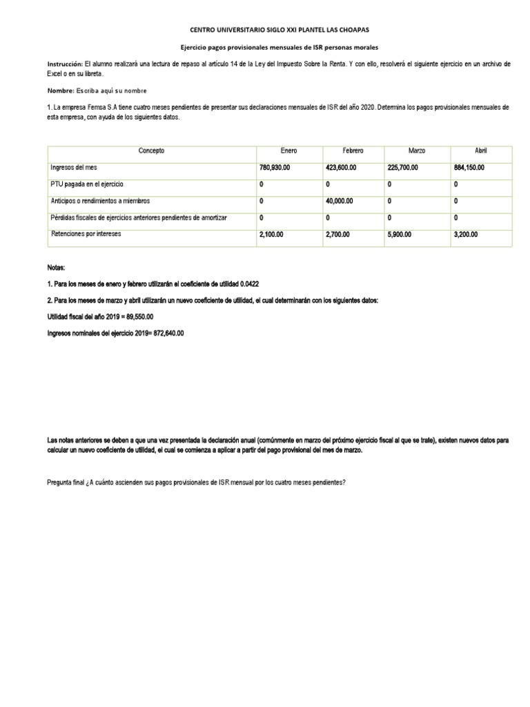Ejercicio. Pagos Provisionales | PDF