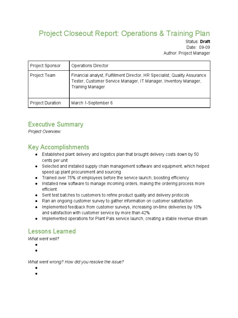 Project Closeout Report: Operations & Training Plan: Executive Summary ...